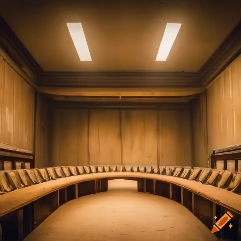 Abandoned conference room in amber fog with long horizontal industrial ...