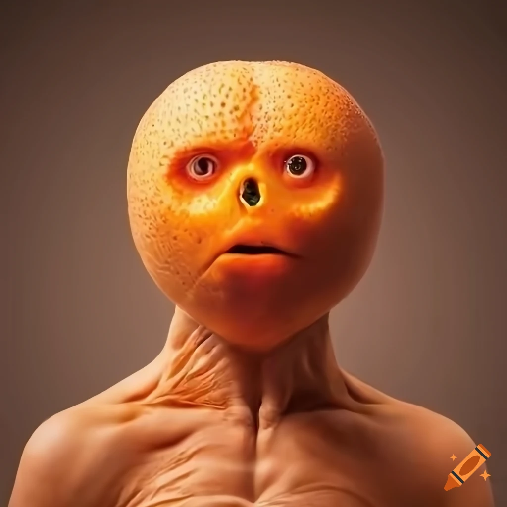 Orange human fruit with a face standing in the desert on Craiyon