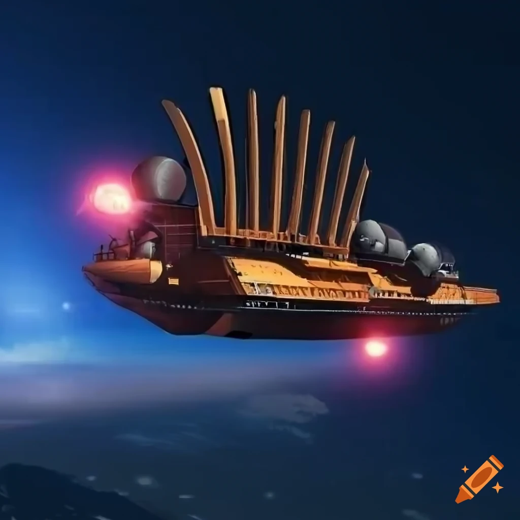 Detailed treasure planet solar punk ship with rocket engines flying by ...