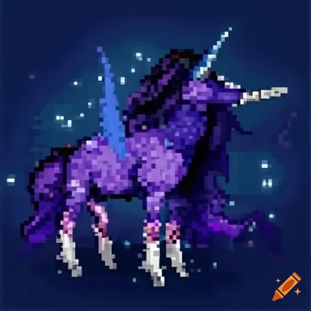 Pixel art of a midnight fantasy unicorn on Craiyon