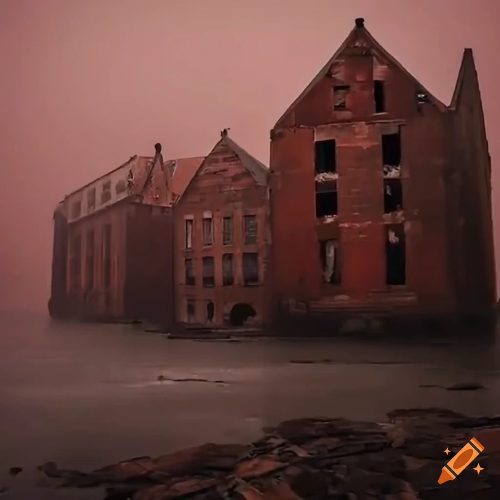 Close-up of crumbling abandoned brick buildings sinking into ocean in a ...