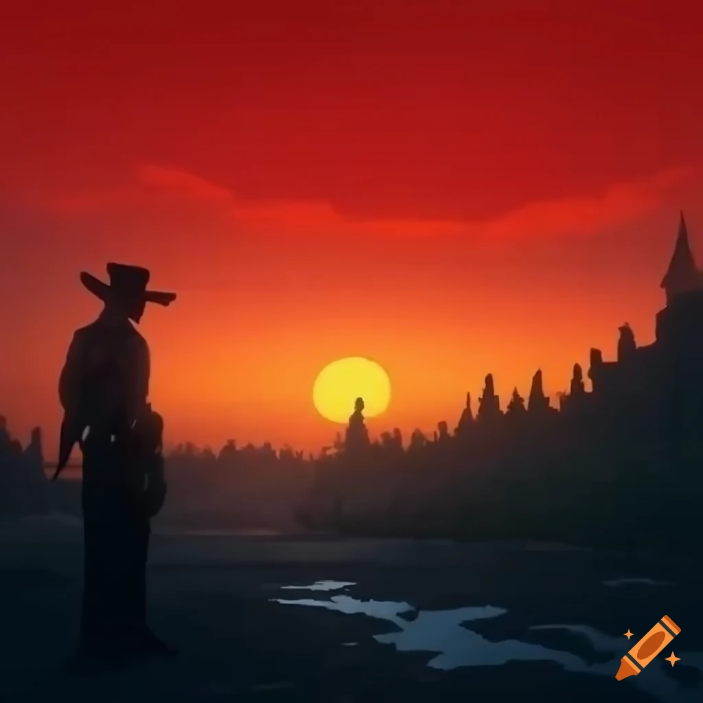 Dutch van der Linde in a cartoony painting with a red sunrise and Red ...