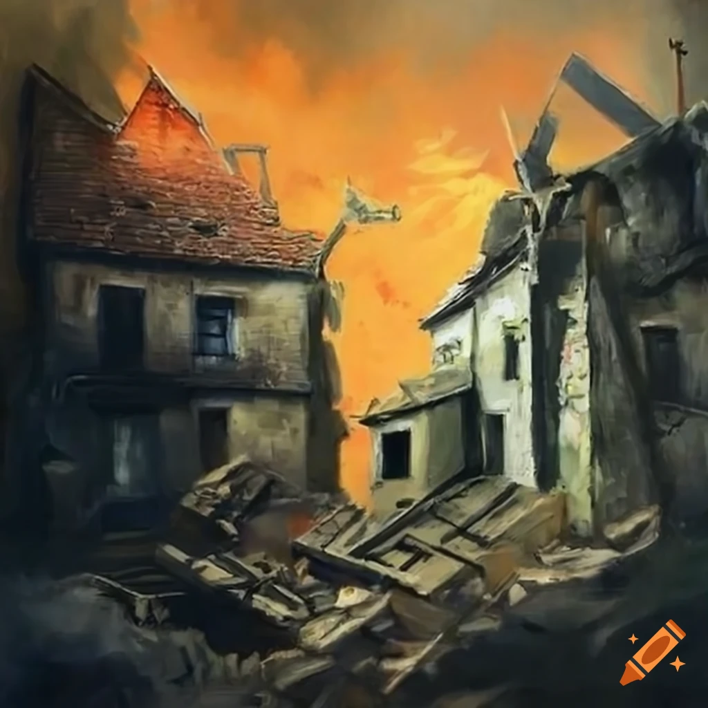 Painting depicting the chaos of World War II in a rural town with ...