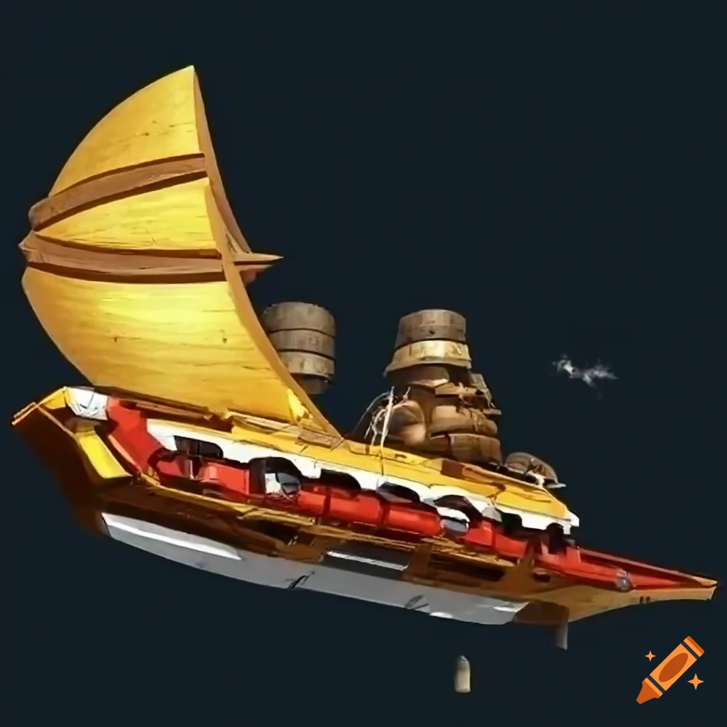 Detailed solar punk sailing vessel with rocket engines flying through ...