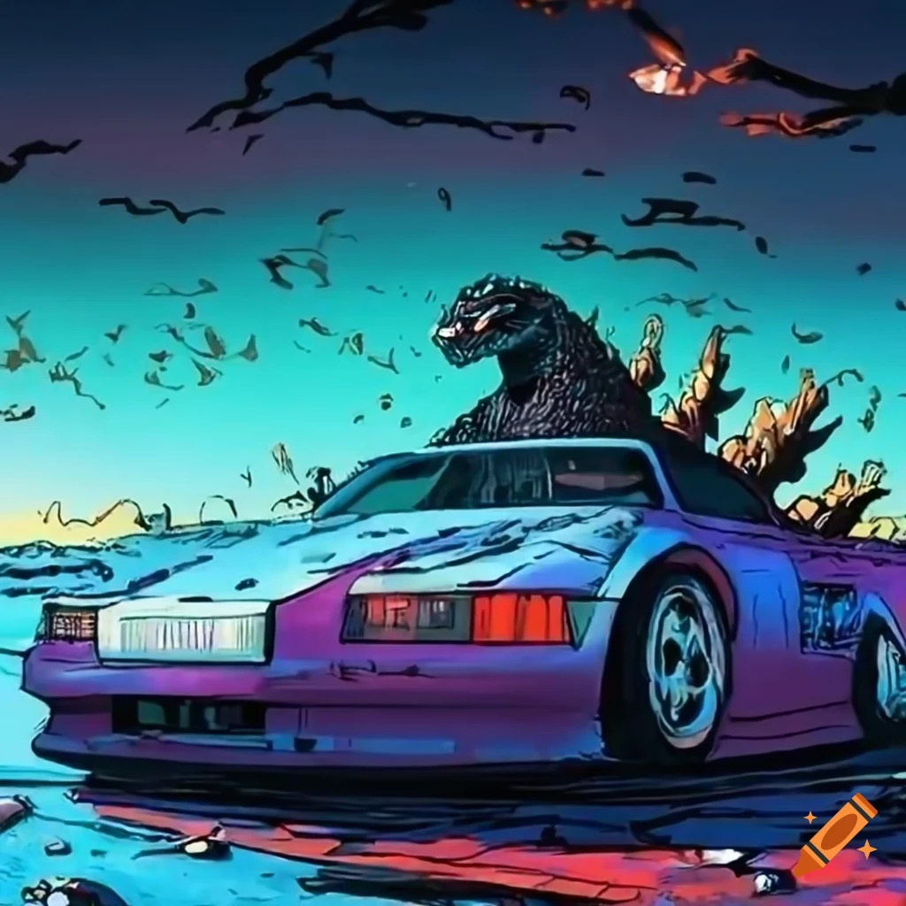 Giant monster street racing in tokyo with moebius style on Craiyon