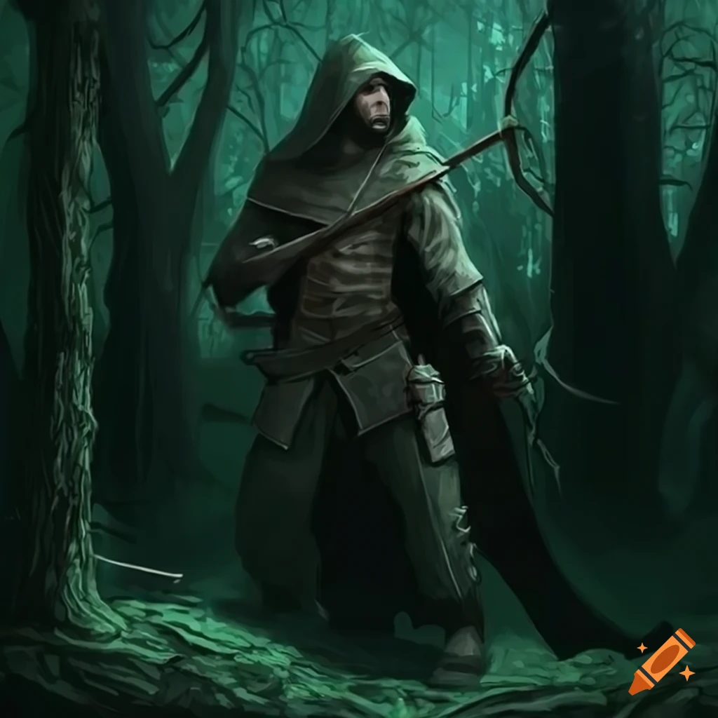 Hooded ranger with drawn swords and a bow in a dark forest on Craiyon