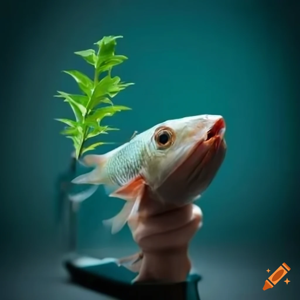 Office worker with fish head holding a plant on Craiyon