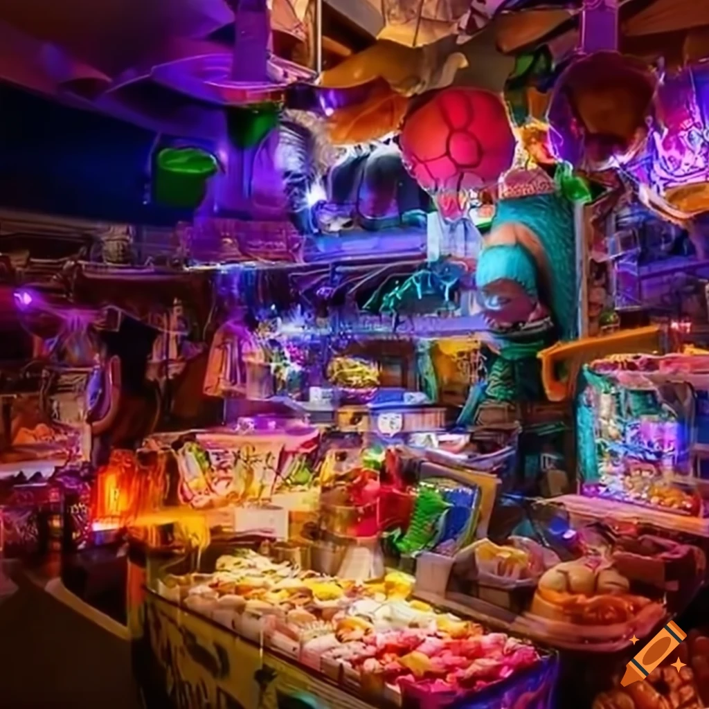 Futuristic cyber paradise with animals and food stalls on Craiyon