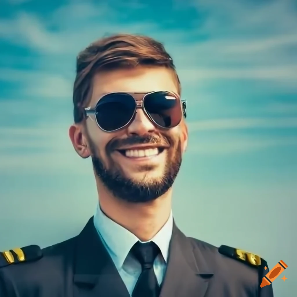 Smiling young pilot with aviator sunglasses in front of a runway on Craiyon