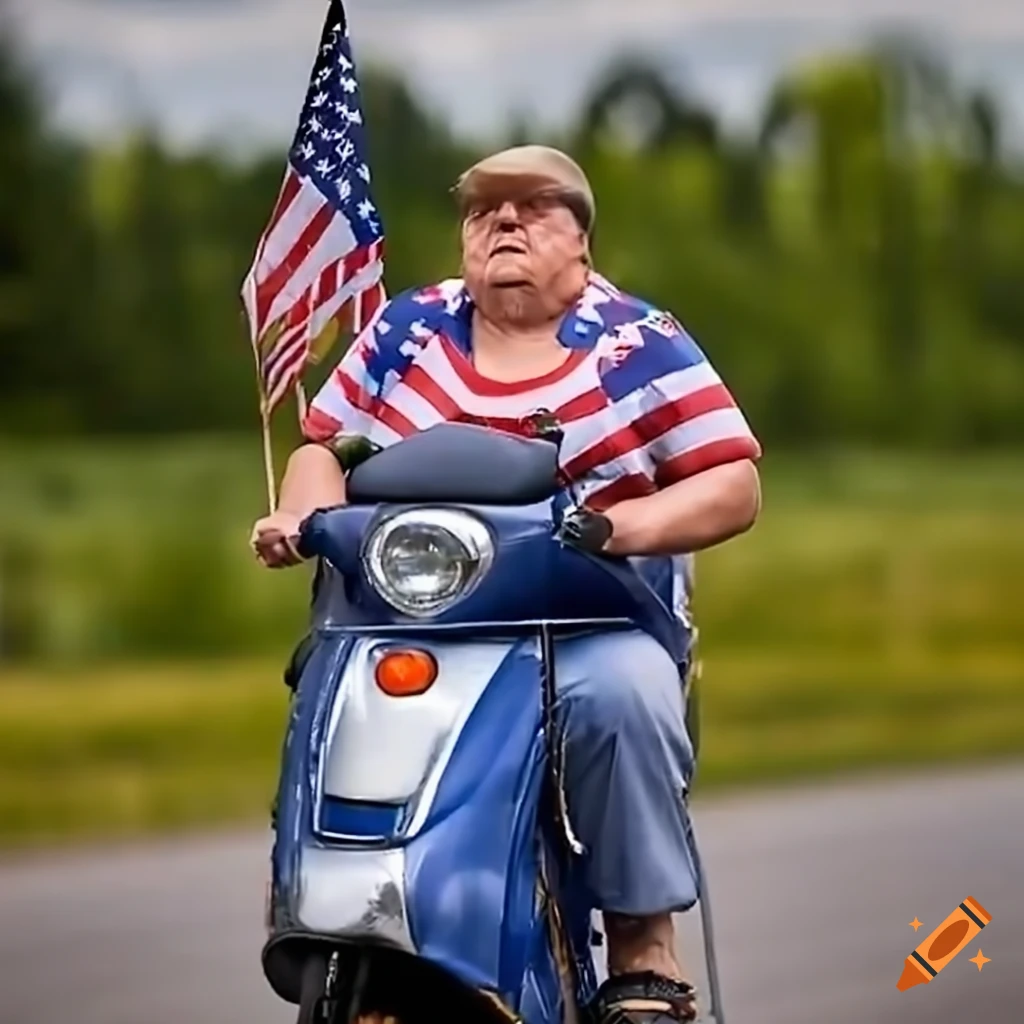 Satirical depiction of a group of seniors riding mobility scooters with ...