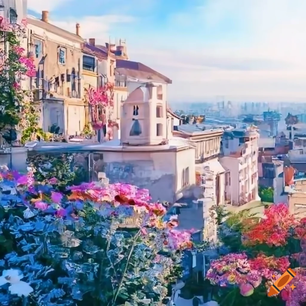 Detailed city covered in flowers in the daytime on Craiyon