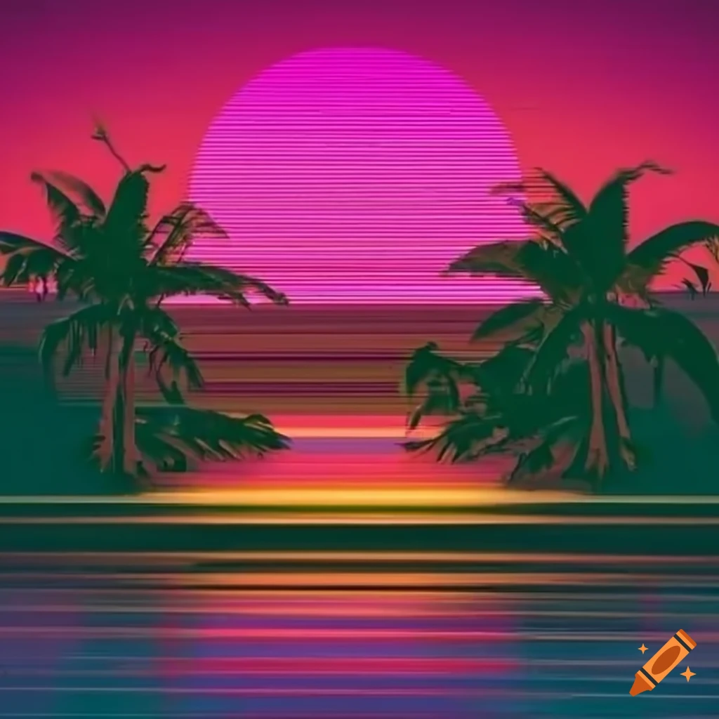 Tropical island sunset in synthwave style on Craiyon