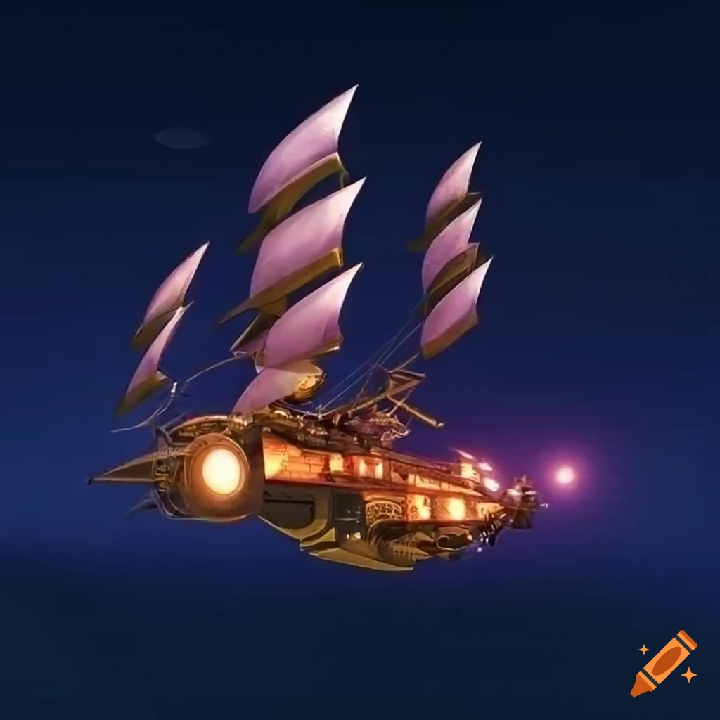 Detailed solar punk ship sailing vessel flying by stars, planet, moon ...