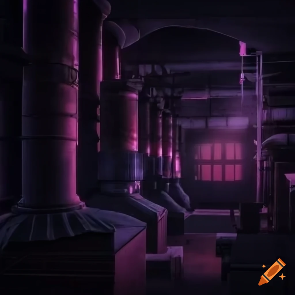 Dark factory with pipes and pink lighting, industrial setting on Craiyon