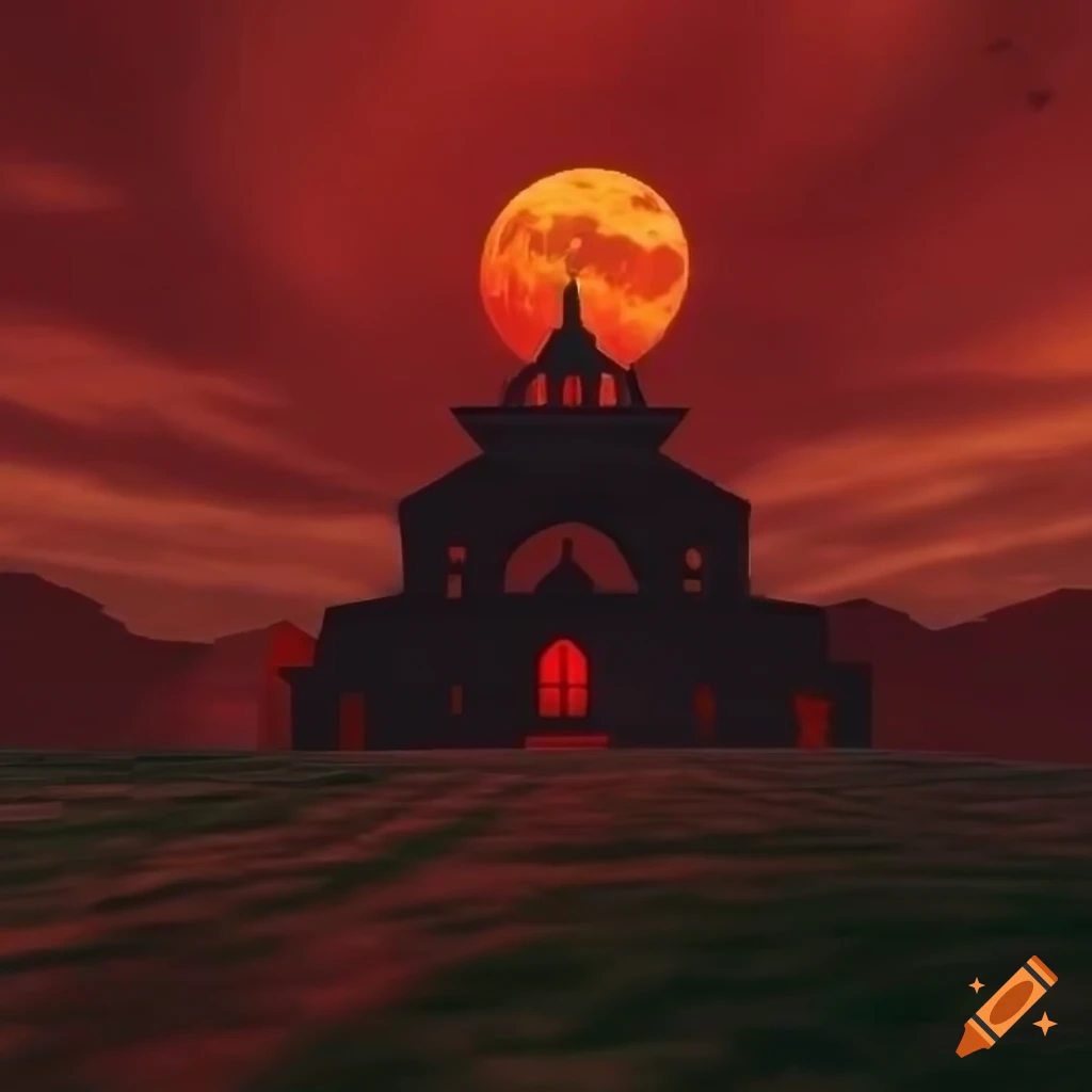 Super mario 64 red moon monastery landscape on Craiyon