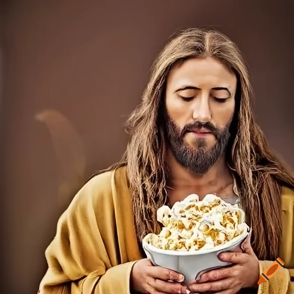 Jesus enjoying popcorn on Craiyon