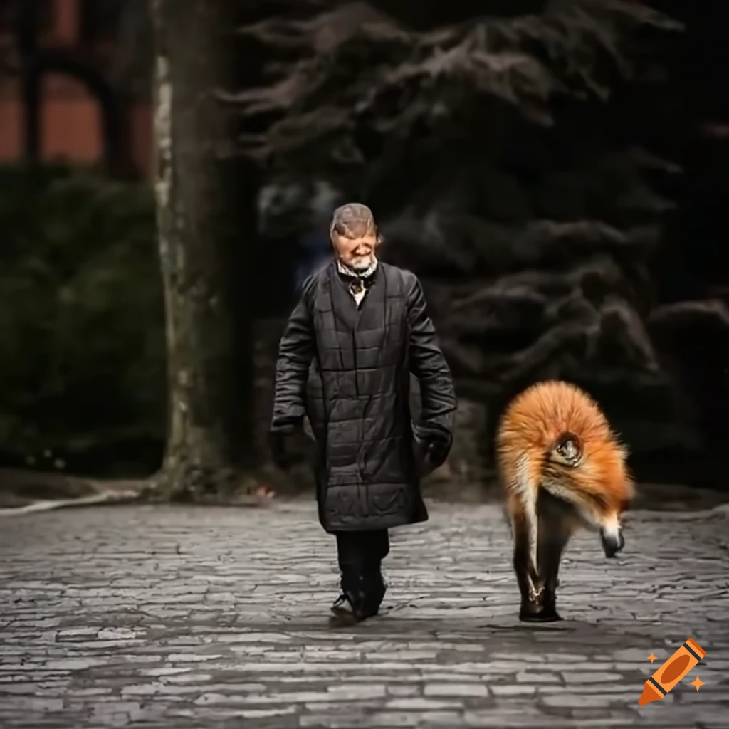 Man walking on the street with a fox on Craiyon