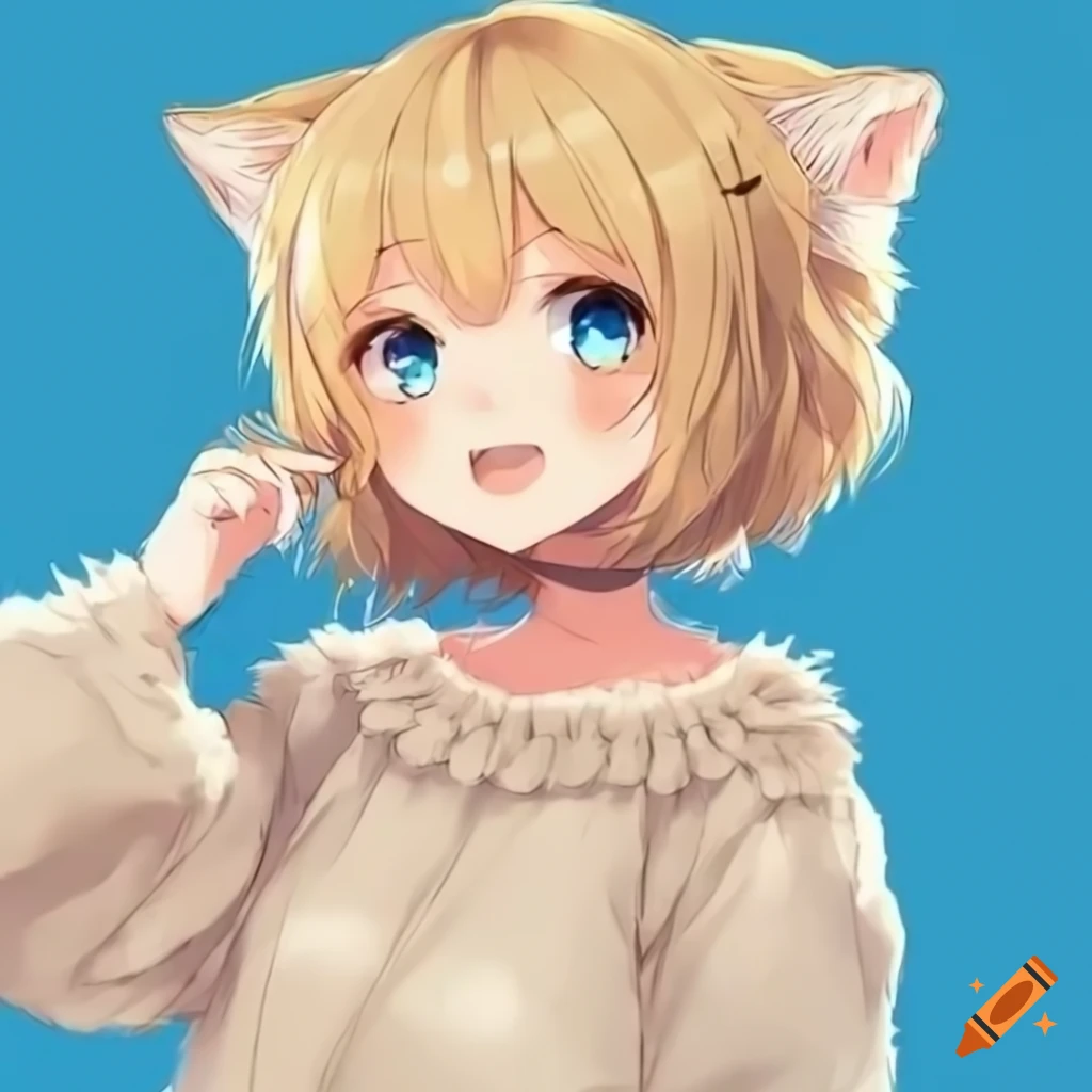 Happy cute anime catboy with blonde hair and blue eyes wearing a fluffy ...