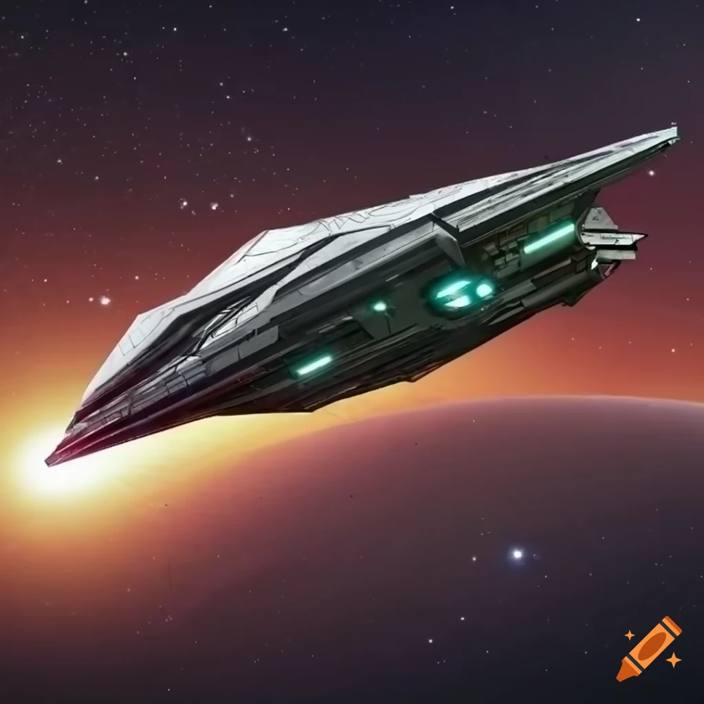 Futuristic space sailing ship between interstellar planets and stars on ...