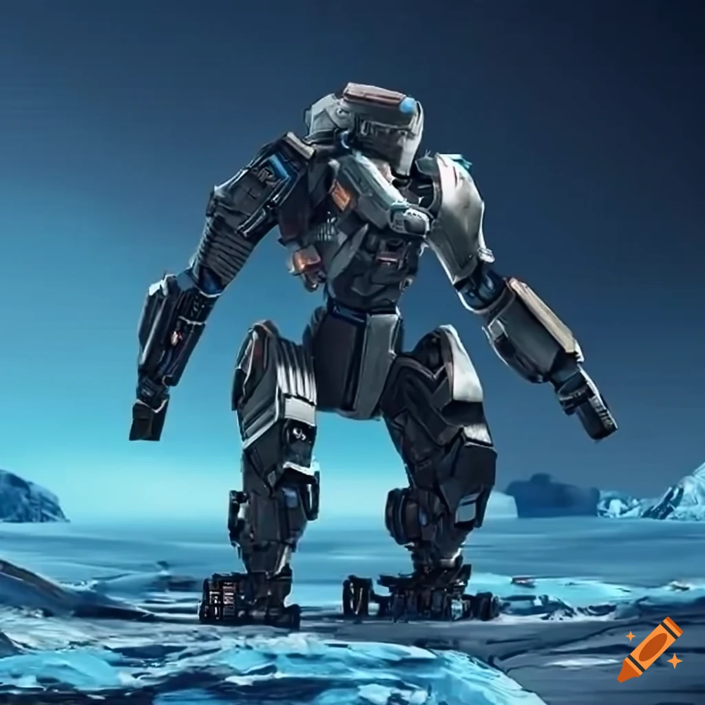 Sleek and powerful mech on an ice planet with an athletic female lead ...
