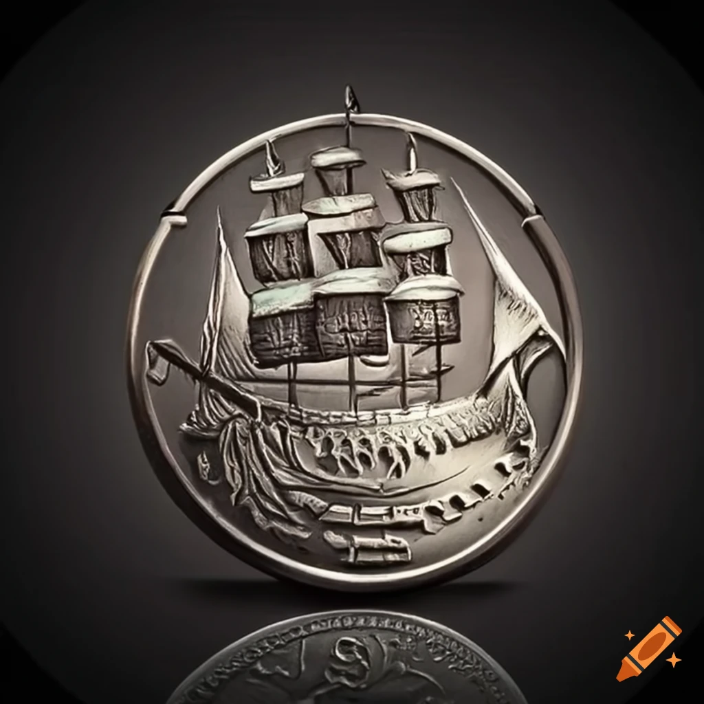 Silver coin with a pirate ship design on Craiyon