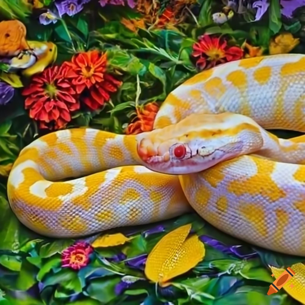 Albino python surrounded by flowers on Craiyon