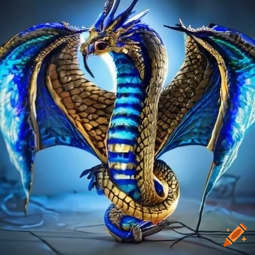 Electric blue and gold dragon cobra with lightning wings on Craiyon