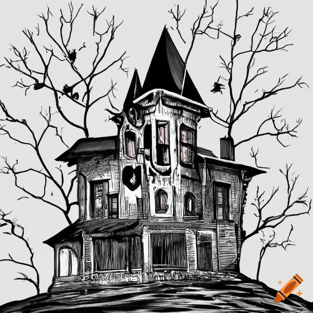 Haunted house on a hill in dark and dreary line art on Craiyon
