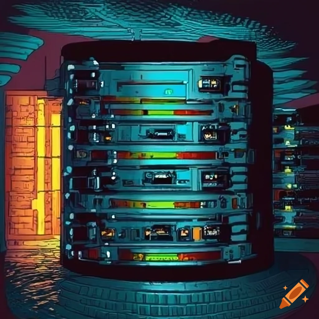 Database server room in 70s sci-fi comic style on Craiyon