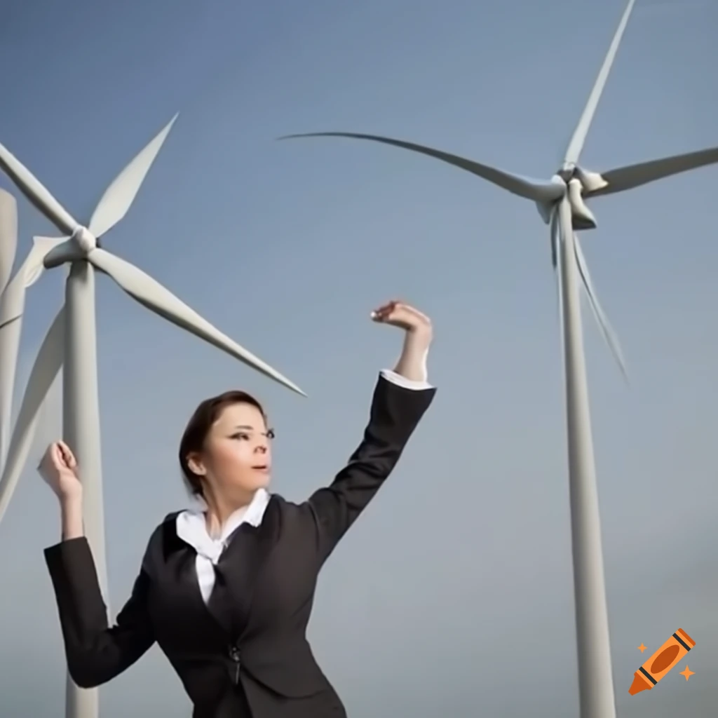 Woman in business attire battling against a wind turbine on Craiyon