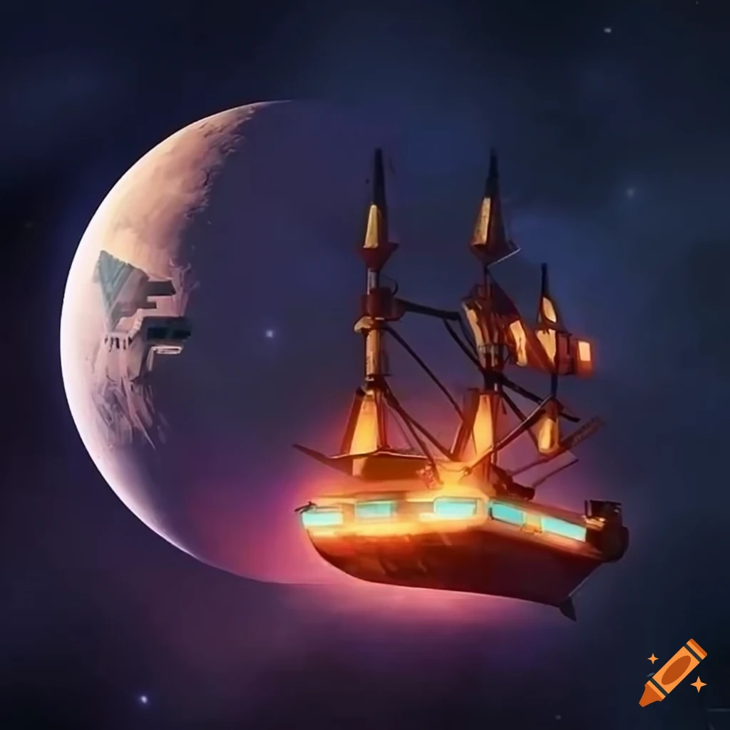 Detailed solar punk ship flying with rocket engines in space on Craiyon