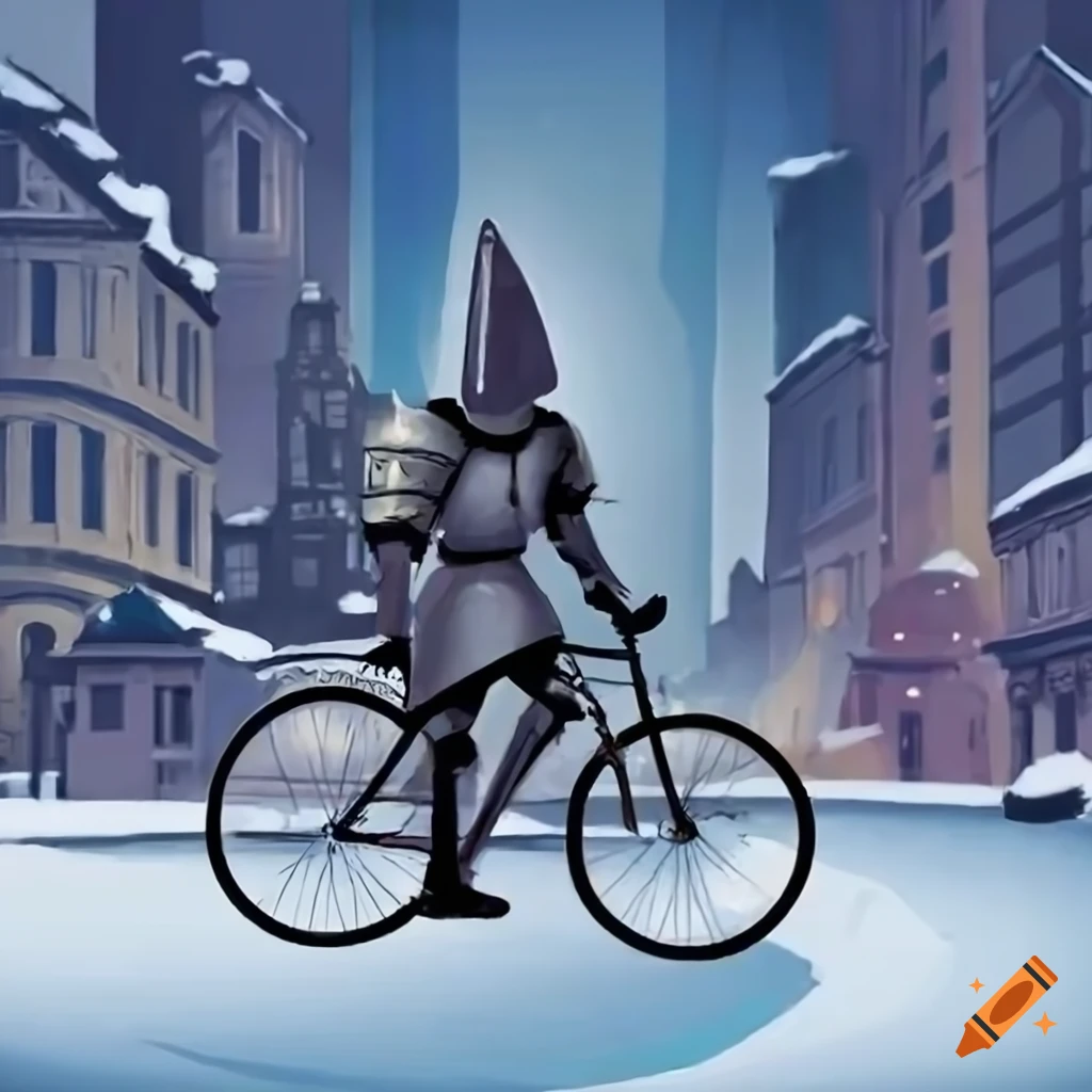 Knight riding a bicycle in a snowy city on Craiyon