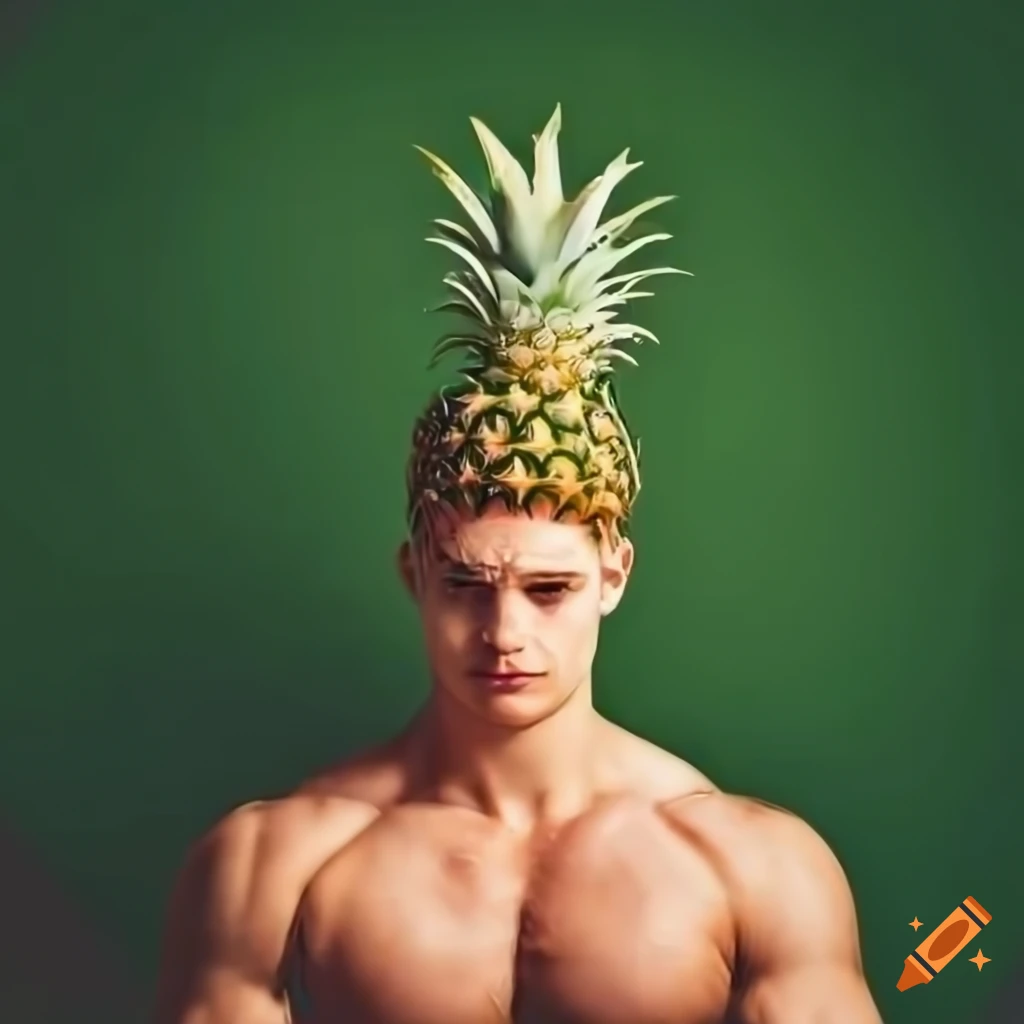 Strong man with unique hairstyle holding pineapples in nature on Craiyon