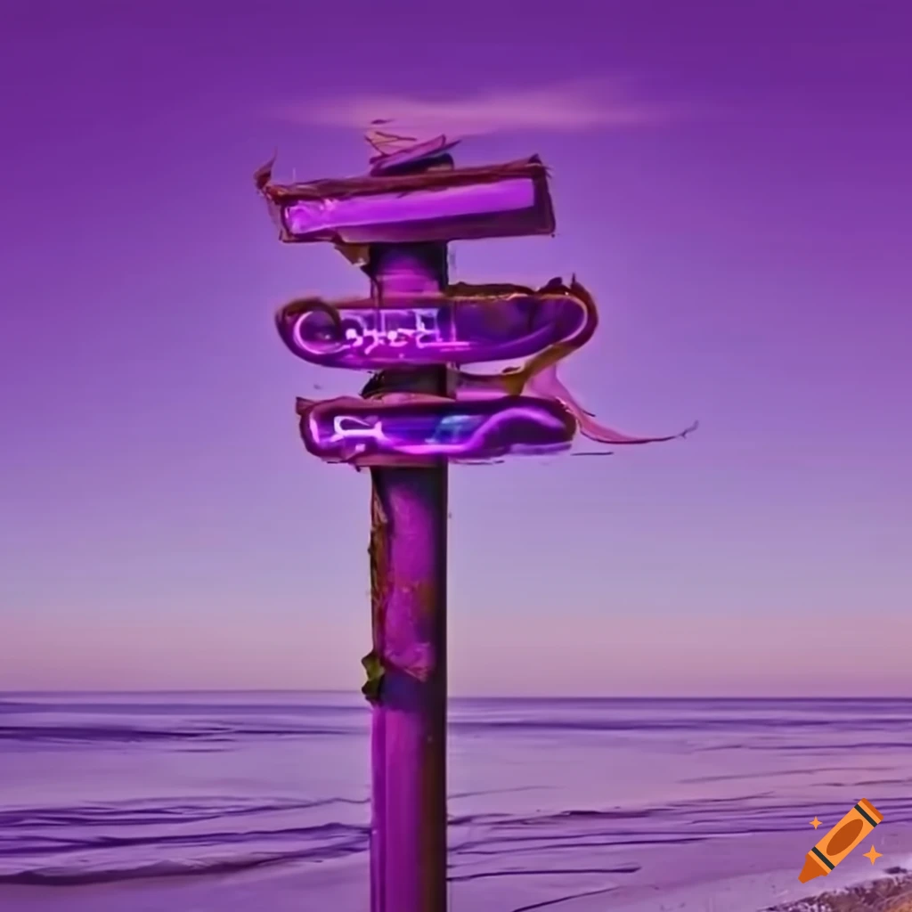Purple neon signpost on a sandy beach with sea in the background on Craiyon