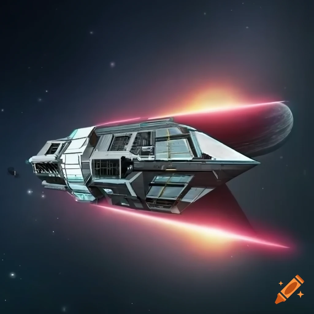 Futuristic space sailing ship between interstellar planets and stars on ...