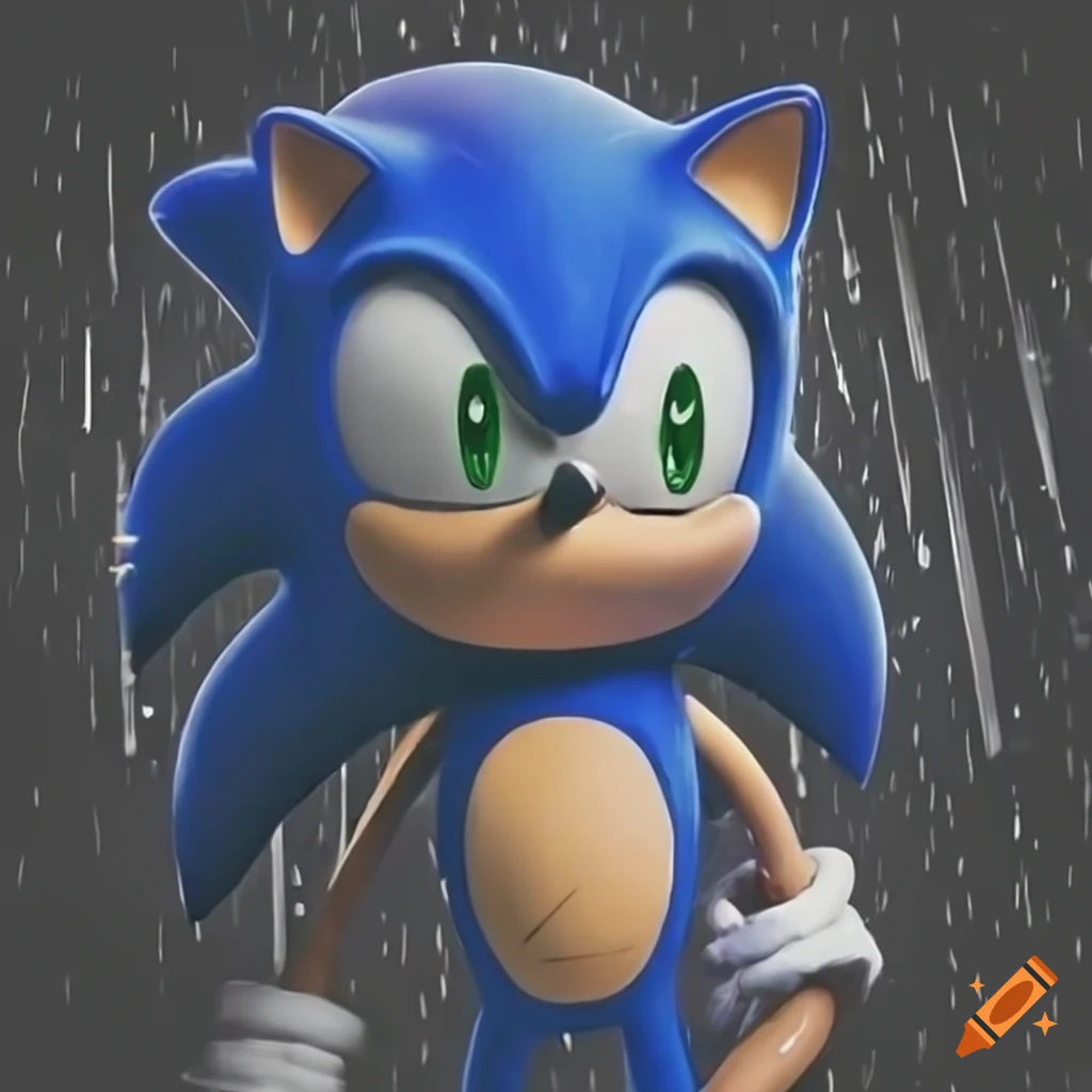 Sonic standing in the rain with a sad expression on Craiyon