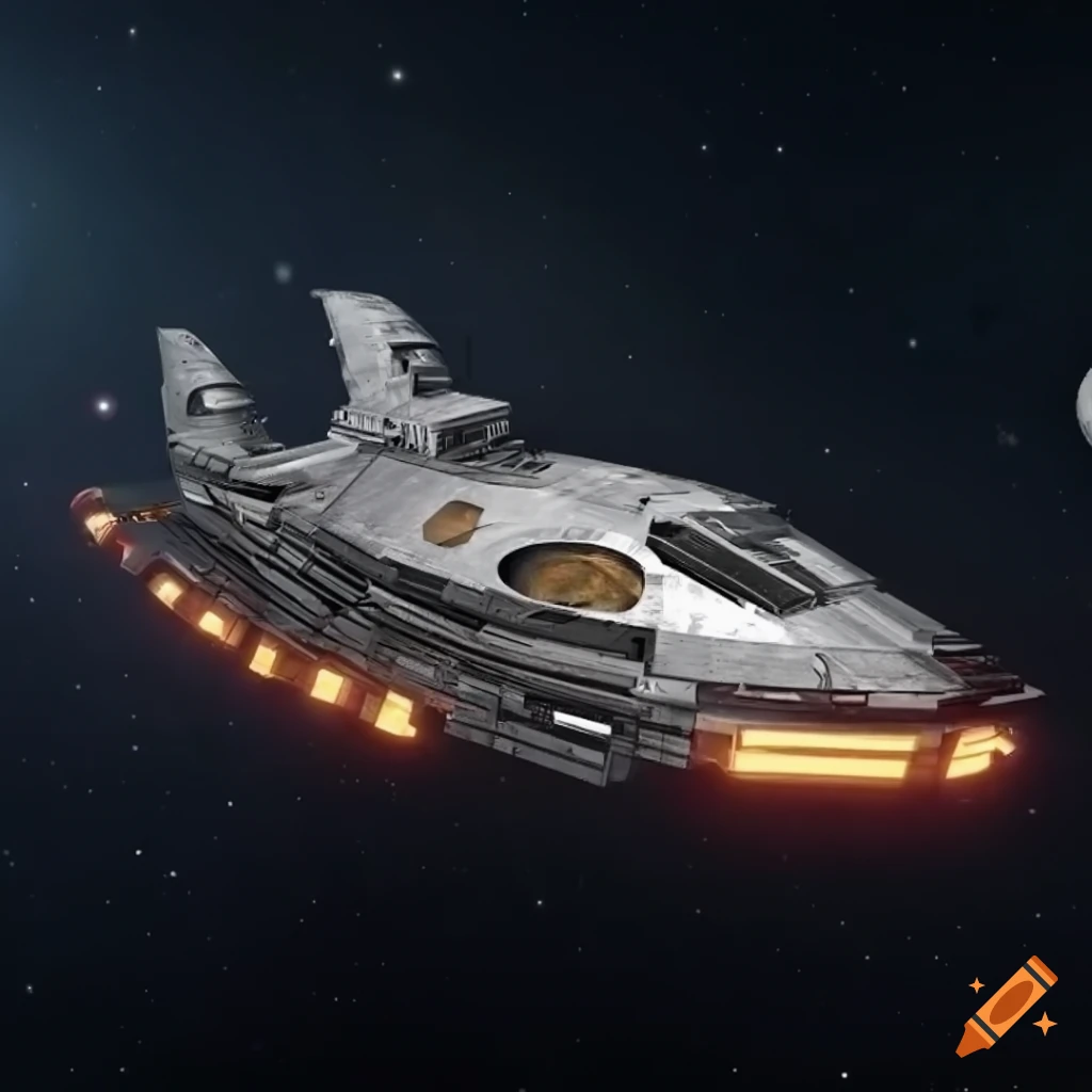 Futuristic space sailing ship between interstellar planets and stars on ...