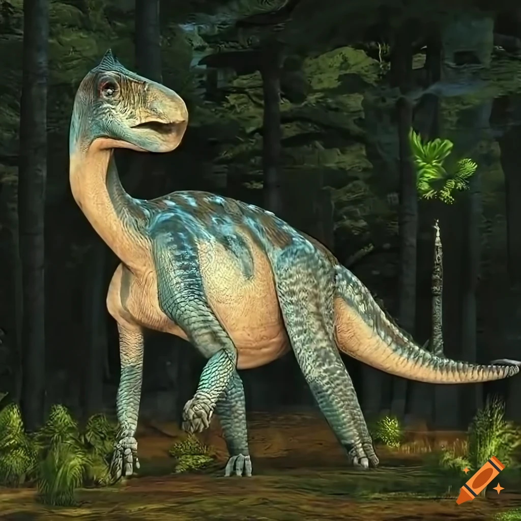 Colorful Hadrosaurus dinosaur with detailed skin texture in warm ...