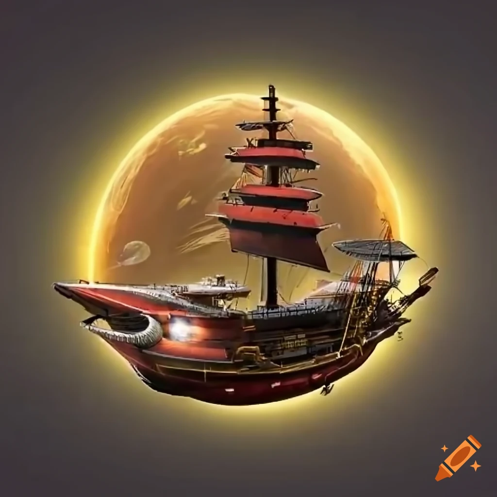 Detailed solar punk ship with rocket engines sailing by stars and ...
