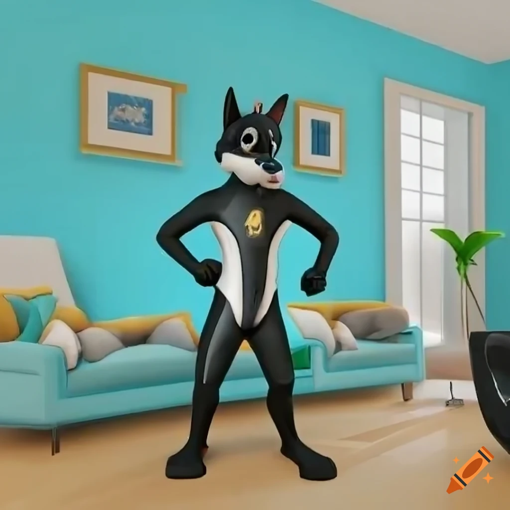 Anthro male fox furry putting on black rubber triathlon wetsuit on Craiyon