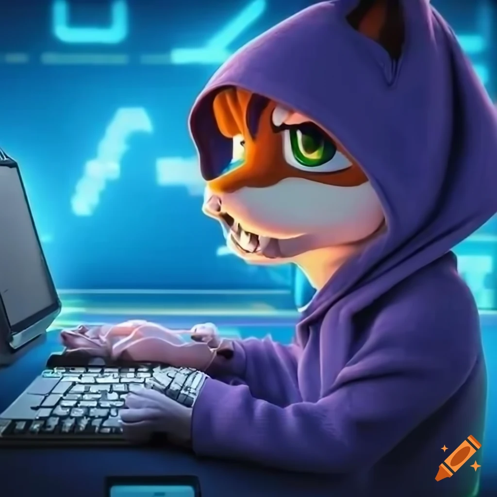 Furry character in lab coat and hoodie typing on computer with coding software on Craiyon