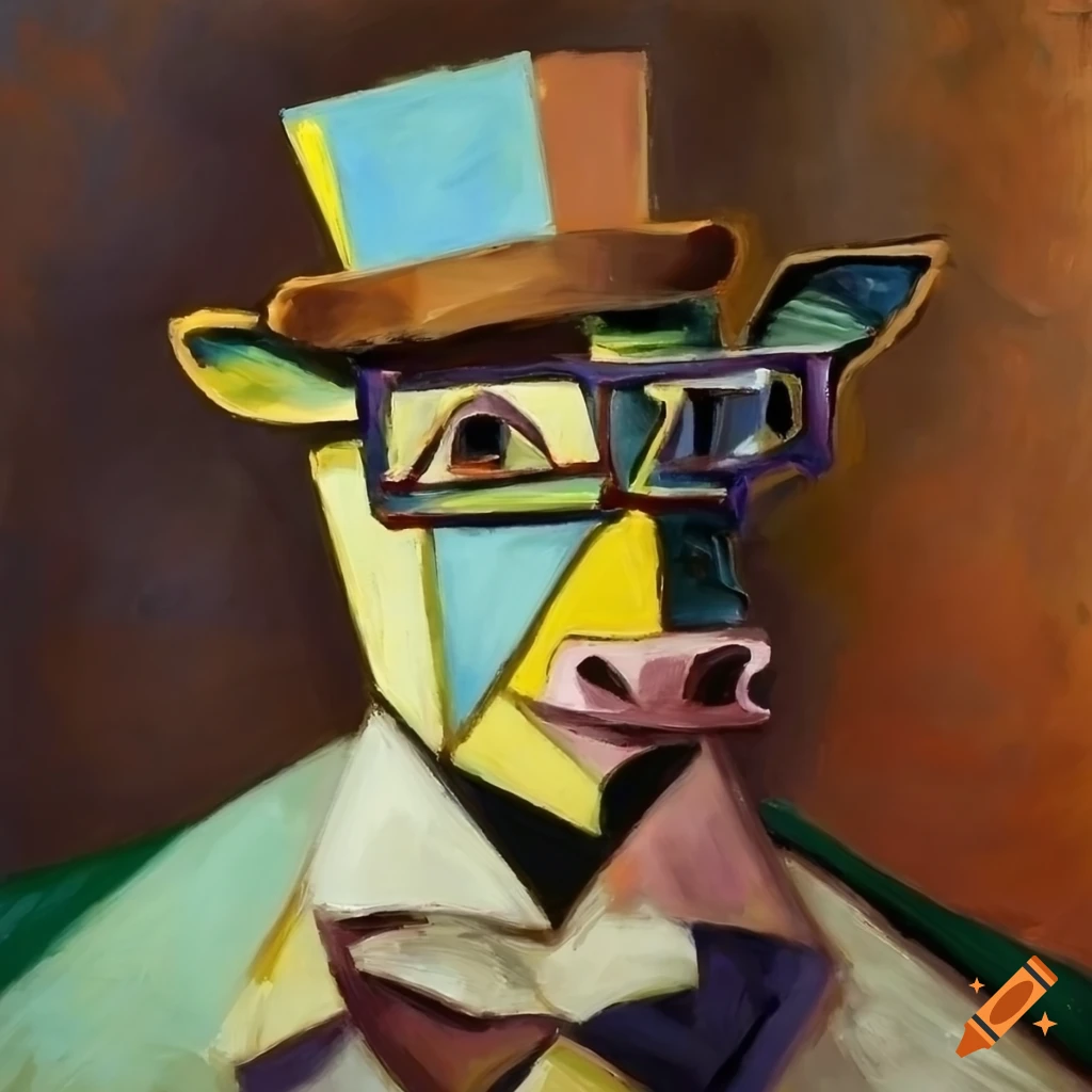 Cubist portrait of a cow with glasses and a top hat in the style of ...