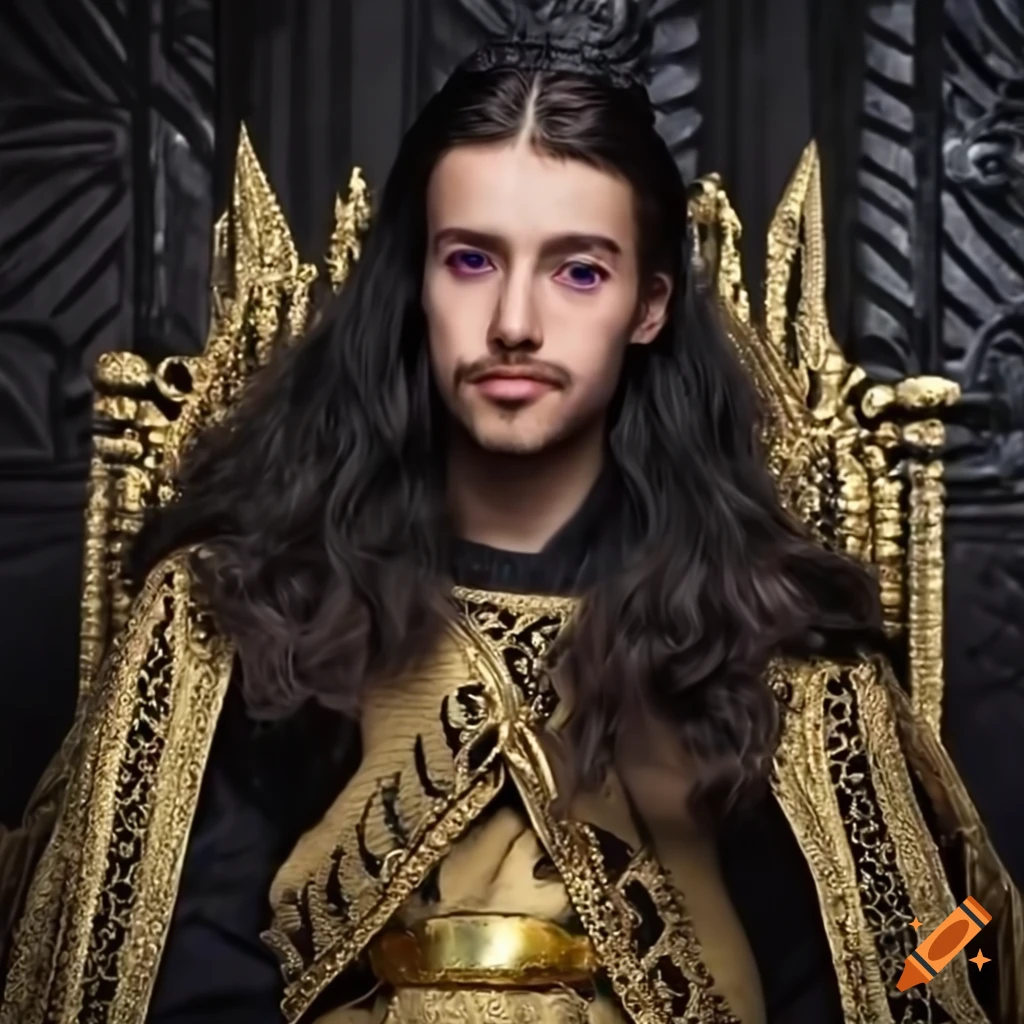 Portrait of a young king with purple eyes and black hair wearing a ...