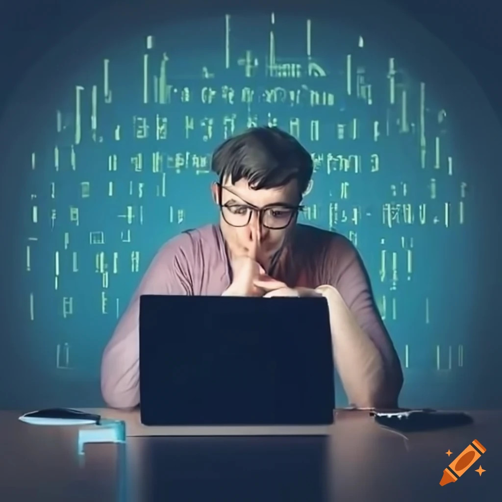 Programmer man sitting in front of a laptop, deep in thought about code ...