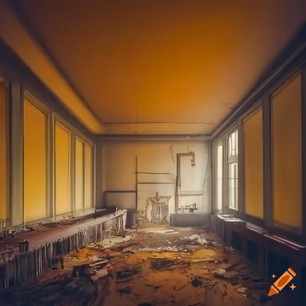 Abandoned conference room in amber fog with long horizontal industrial ...