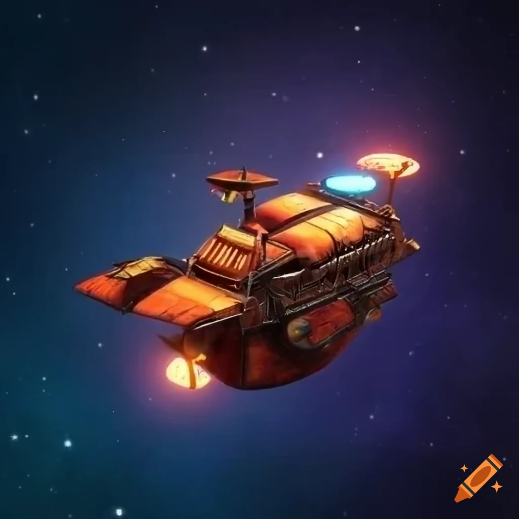 Detailed solar punk ship flying vessel with rocket engines, stars, and ...