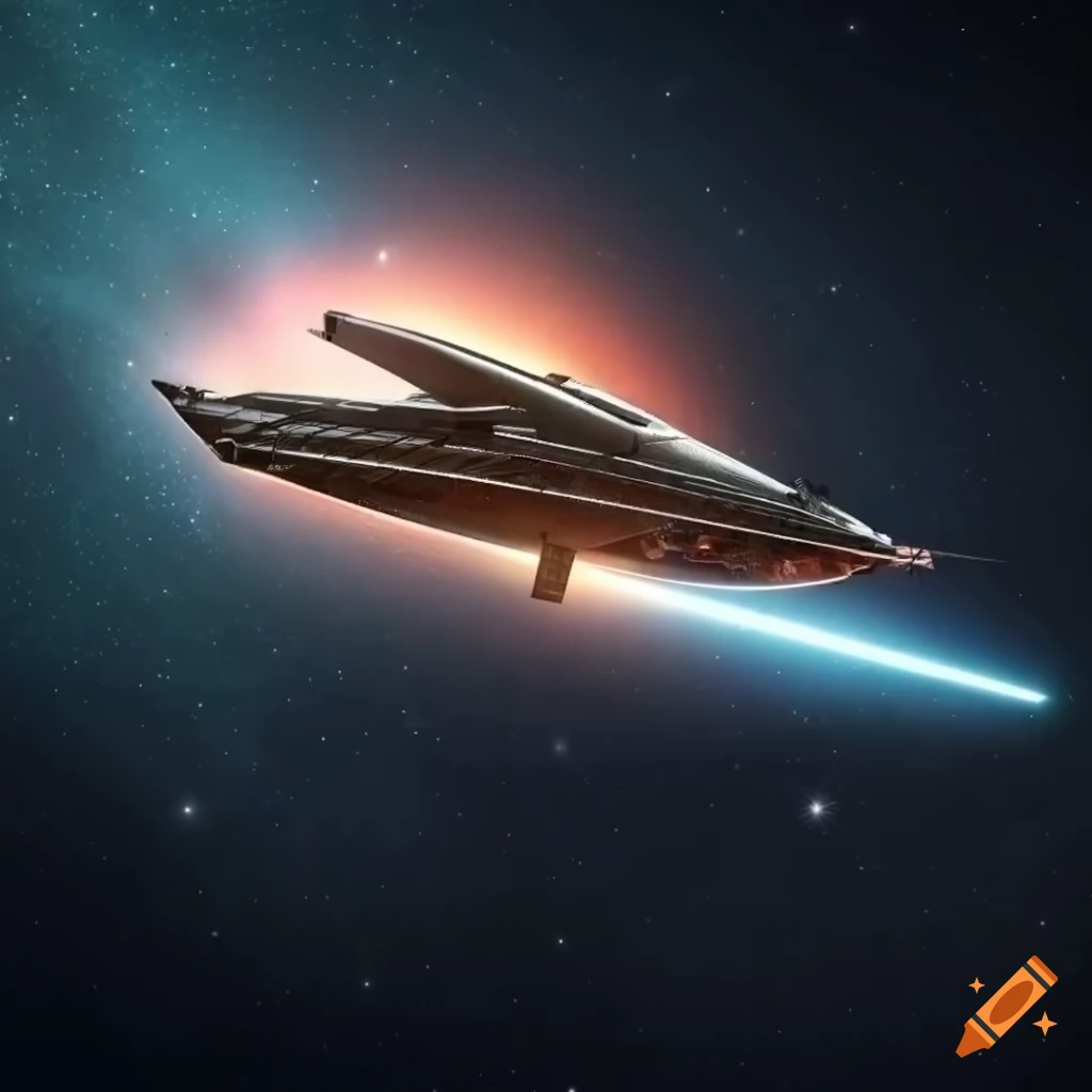 Futuristic space sailing ship between interstellar planets and stars on ...