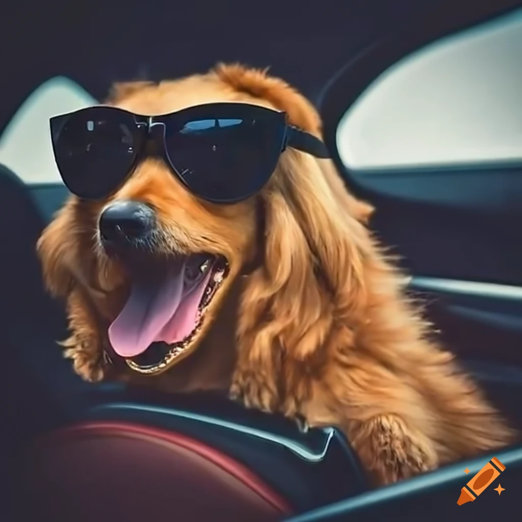 Fluffy brown dog wearing sunglasses driving a ferrari on Craiyon