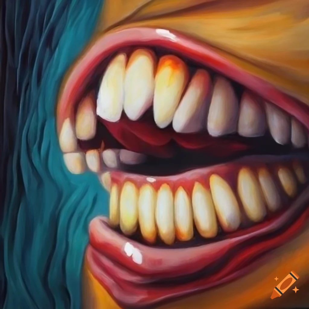 Surrealism painting of eyes and teeth in oil on Craiyon