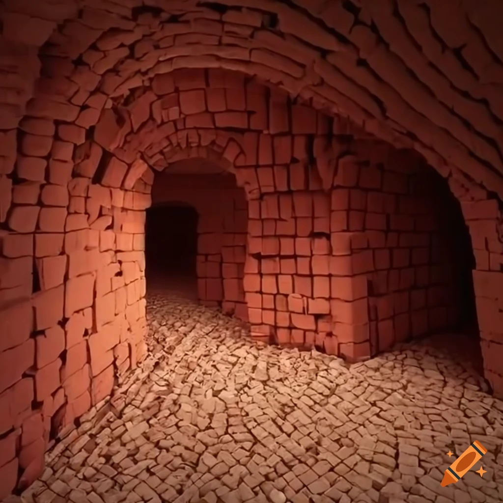 Cavern-like area made of bricks with bottomless pits and boxes on Craiyon